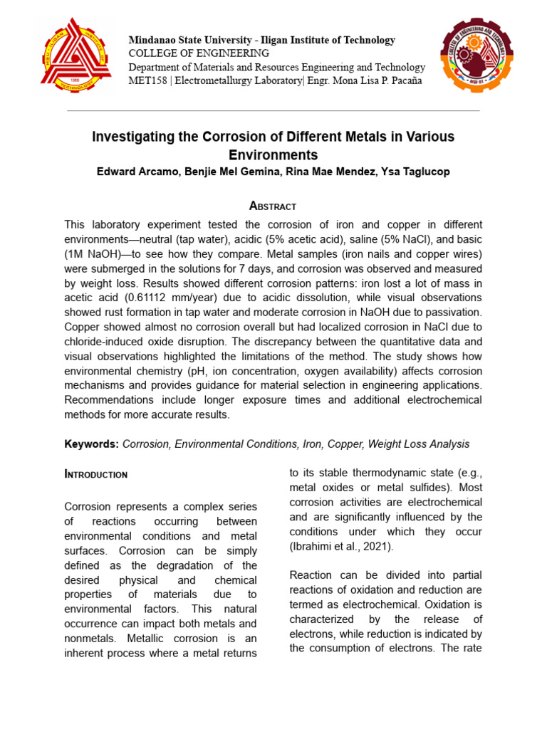 Met Eval Corrosion Lab Rep | PDF | Corrosion | Rust