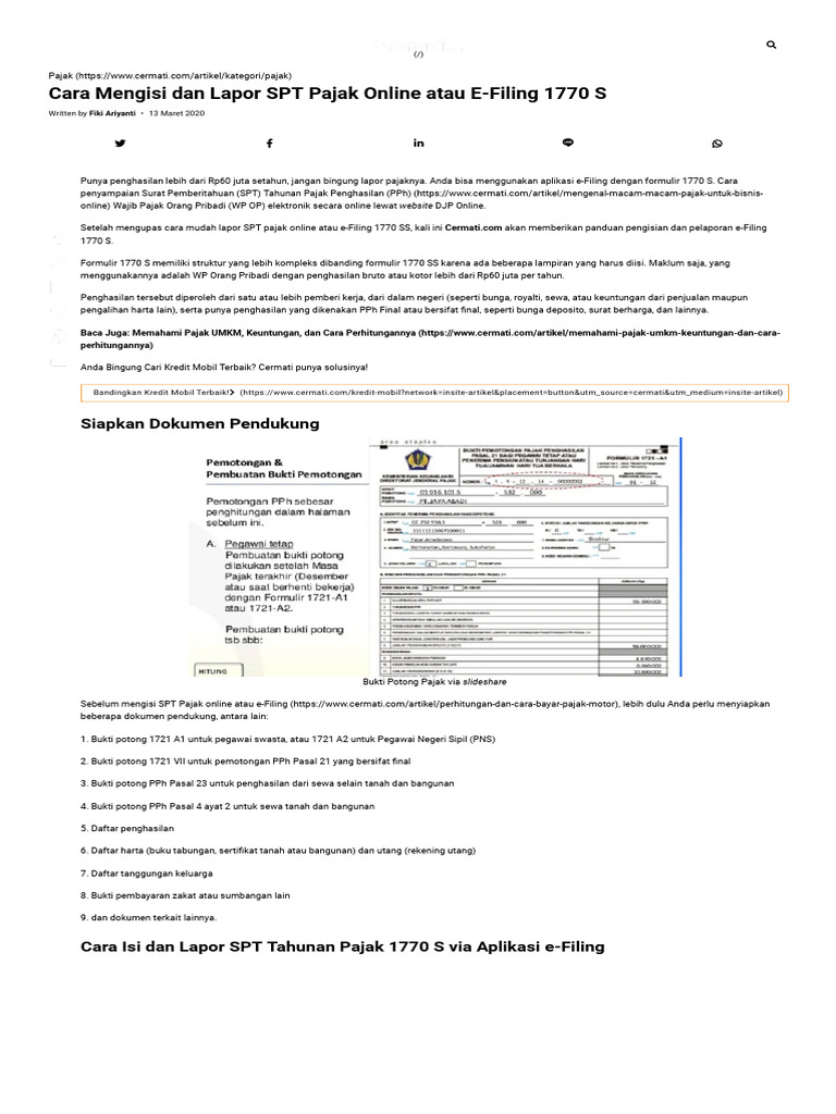 Cara Mengisi dan Lapor SPT Pajak Online atau E-Filing 1770 S | PDF