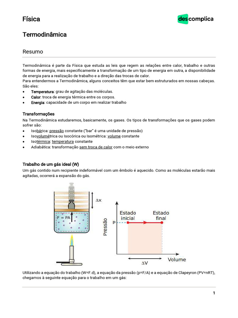Fisica_Termodinamica_Resumo | PDF | Termodinâmica | Gases