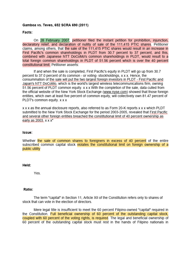 Gamboa V Teves Case Digests - Compress | PDF | Preferred Stock | Stocks