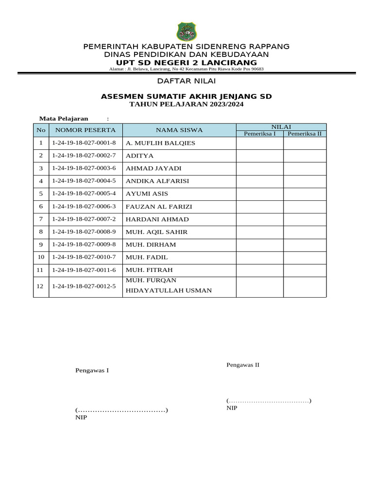 Daftar Nilai Us Kelas 6 | PDF