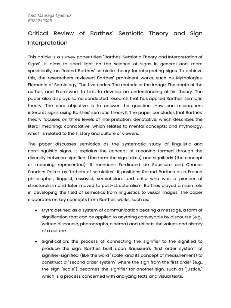 Critical Review of Barthes' Semiotic Theory and Sign Interpretation | PDF | Semiotics ...