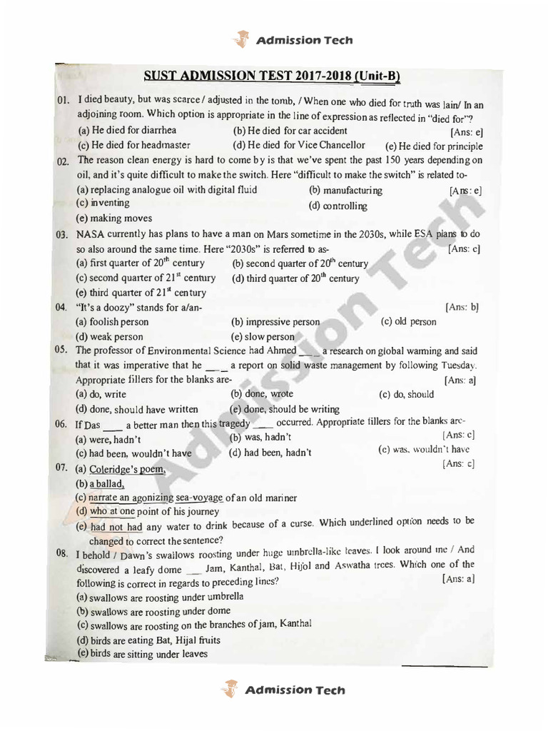 Admission Test Questions 2017-2018 | PDF