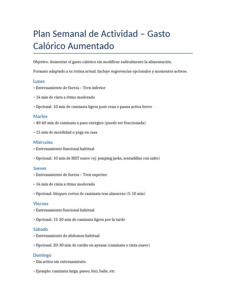 Plan Semanal Gasto Calorico Activa | PDF