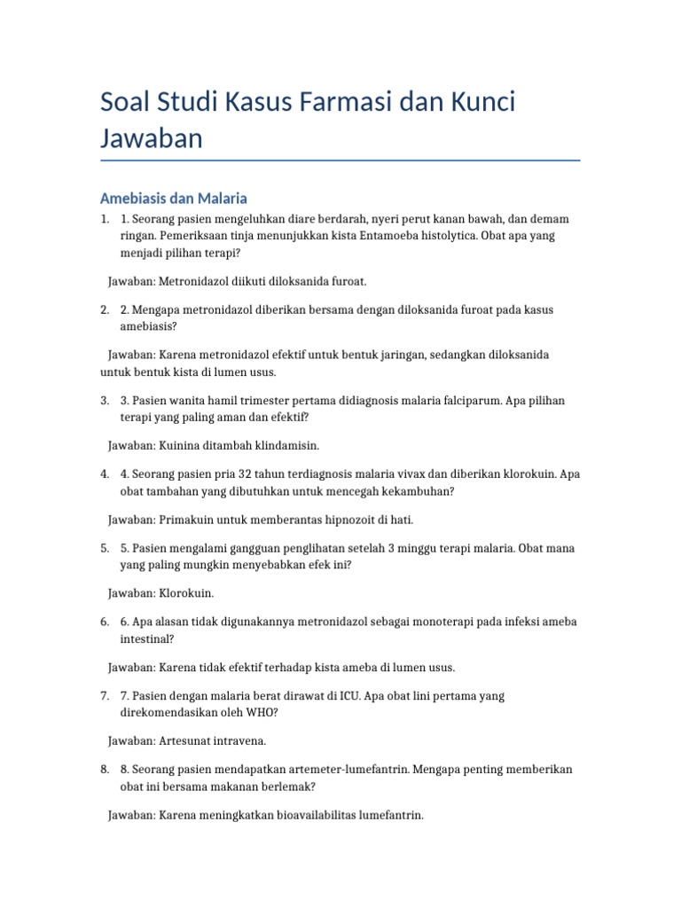 Soal Studi Kasus Farmasi Amebiasis Dan Malaria | PDF