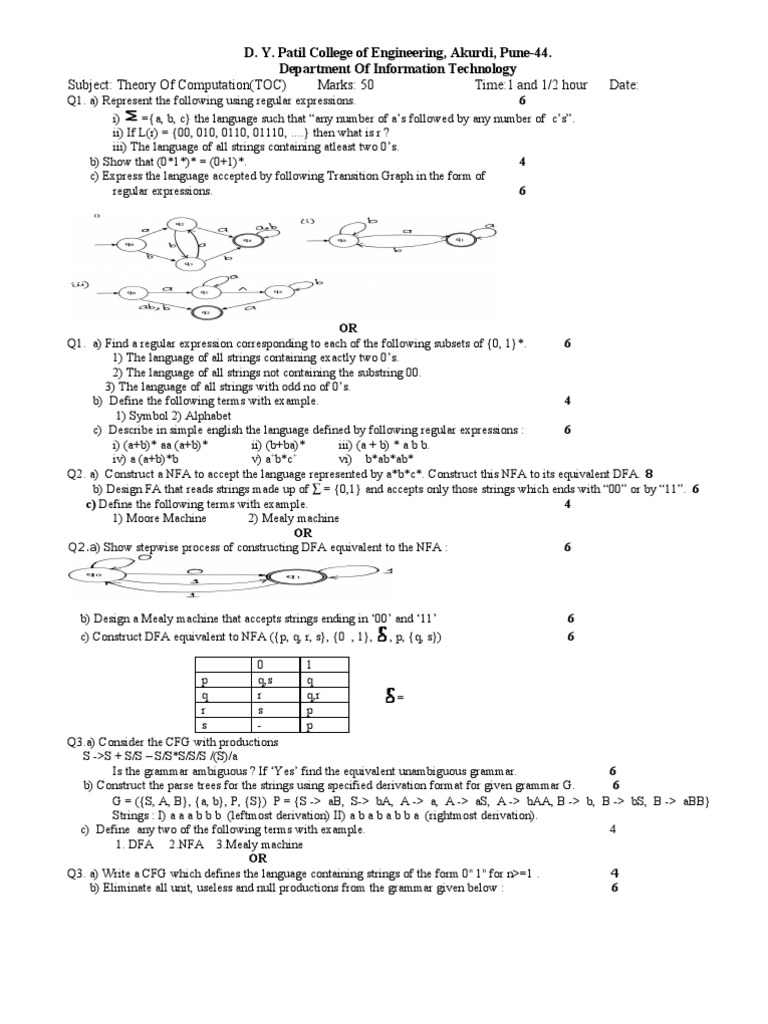 Toc Queston Paper | Regular Expression | String (Computer Science)