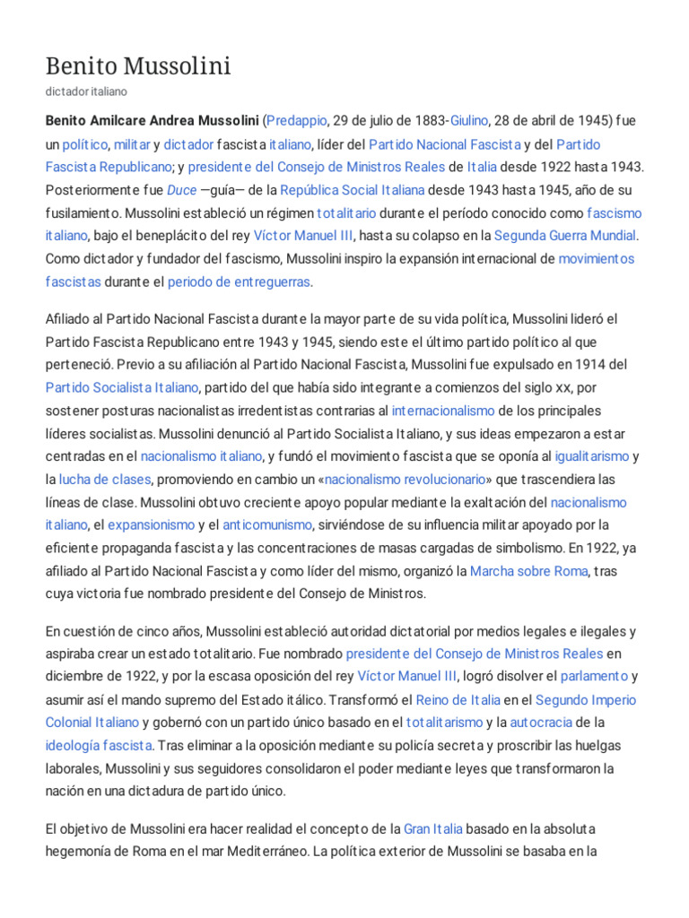 Benito Mussolini - Wikipedia, La Enciclopedia Libre | PDF | Benito ...
