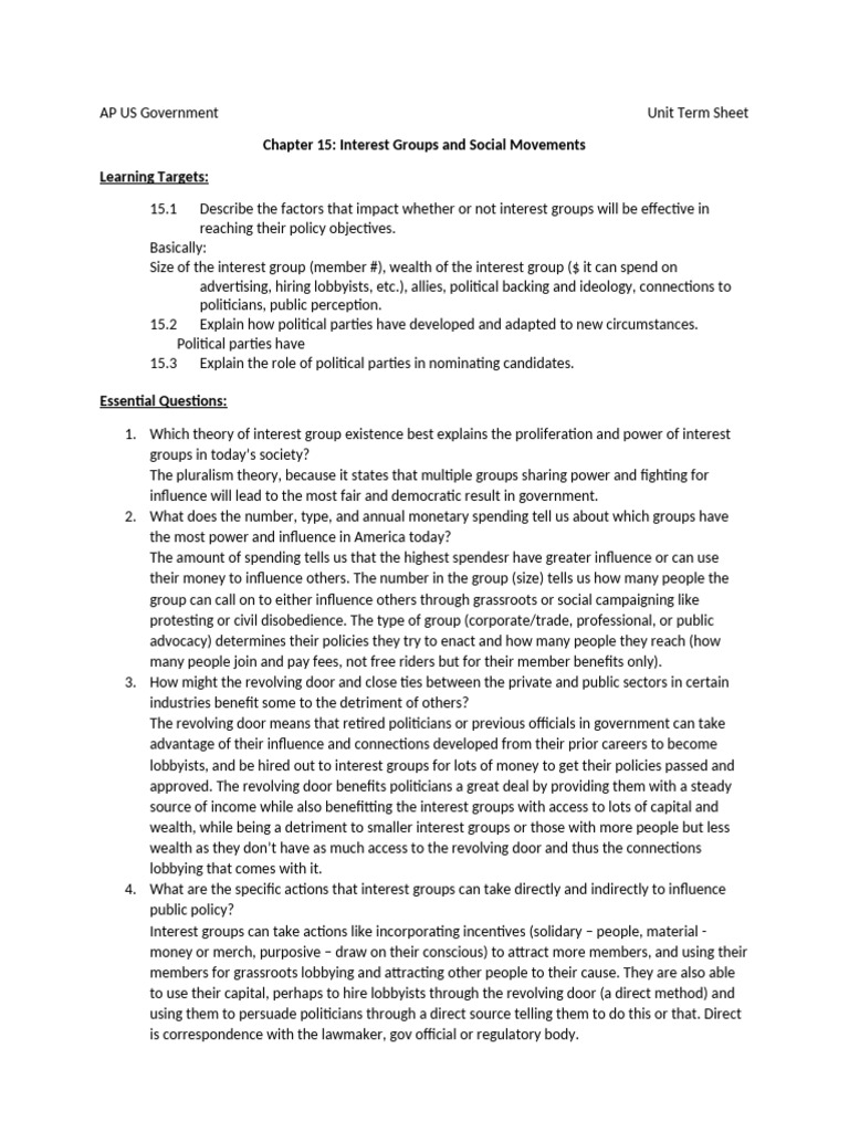AP Gov Chapter 15 Objectives | PDF | Advocacy Group | Political Action ...