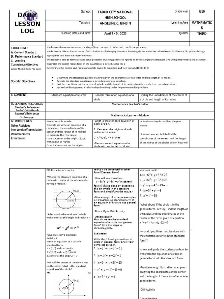 G10 Math Lesson Log: Circles & Geometry | PDF | Circle | Equations