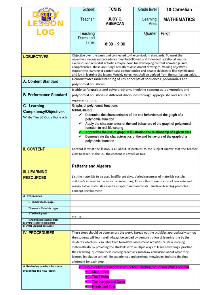 DAILY LESSON LOG On END BEHAVIOR | PDF | Learning | Polynomial