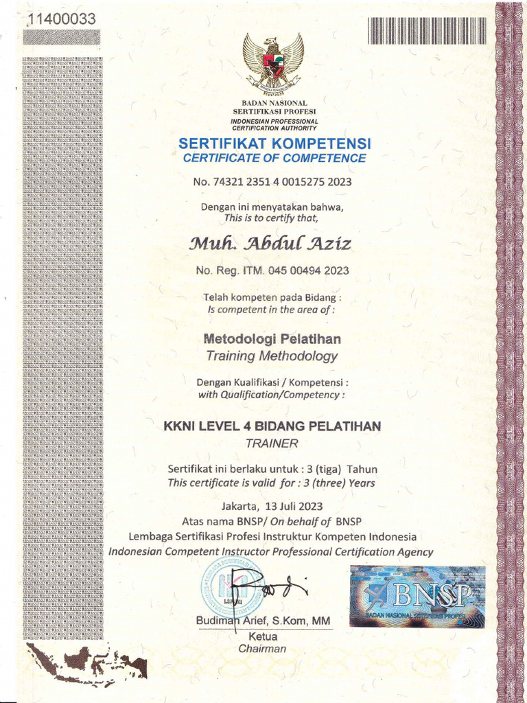 SERTIFIKAT KKNI LEVEL 4 MUH ABDUL AZIZ | PDF