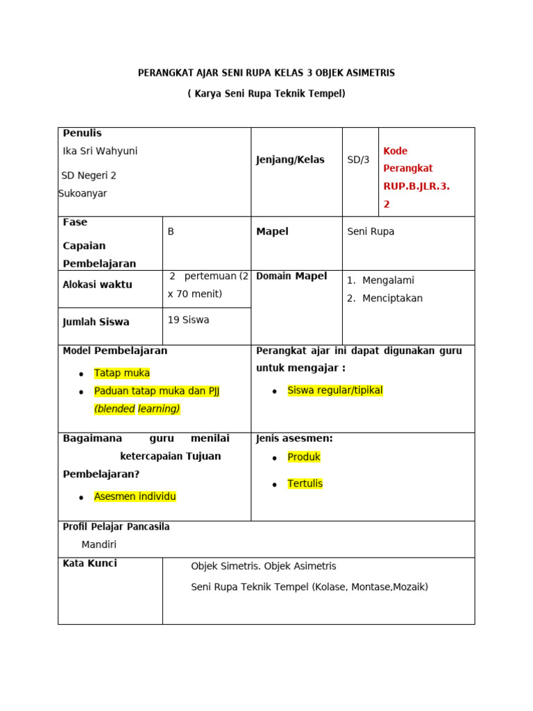 Modul Ajar Seni Rupa - Karya Seni Rupa Teknik Tempel - Fase B | PDF