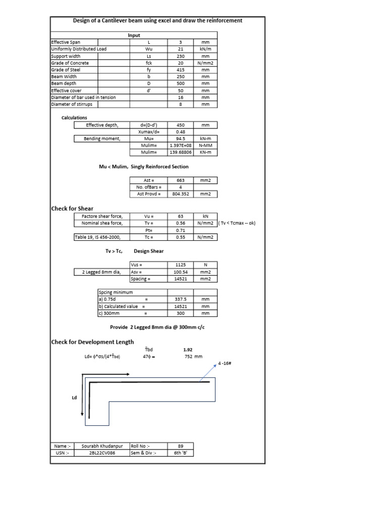Design of A Cantilever Beam Using Excel and Draw The Reinforcement ...