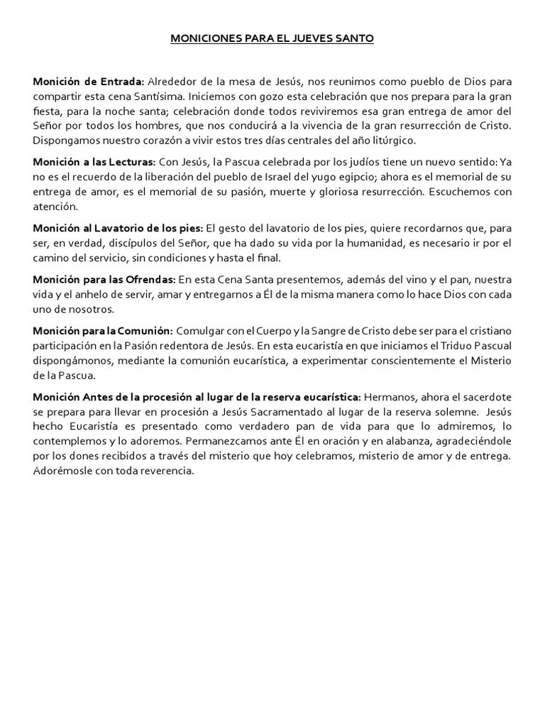 Moniciones para El Jueves Santo | PDF | eucaristía | Pascua de Resurrección