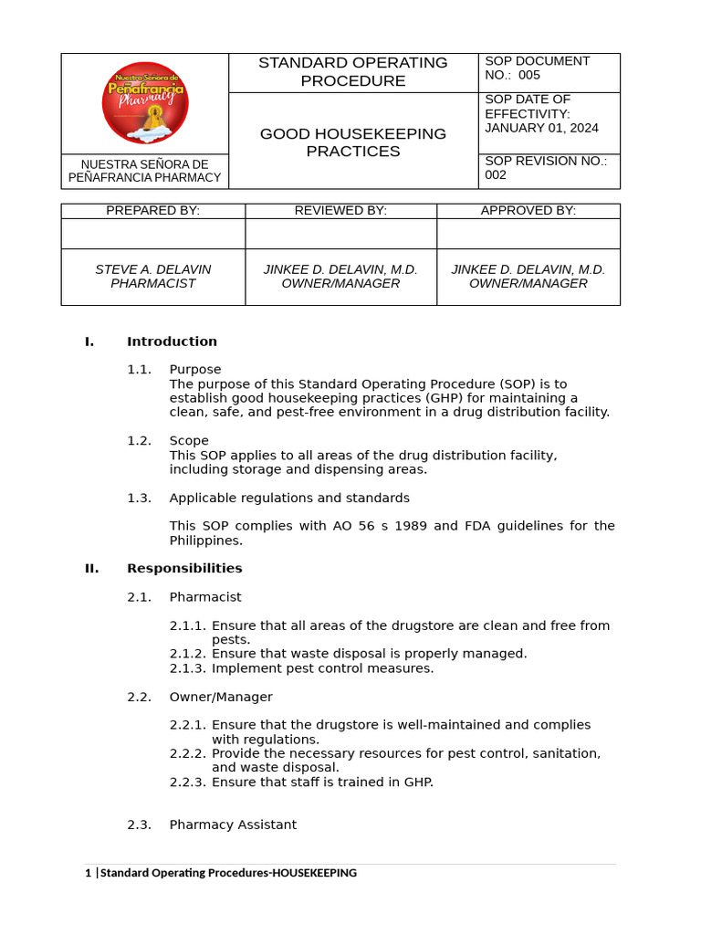 Good Housekeeping Practices SOP | PDF | Pharmacy | Pharmacist