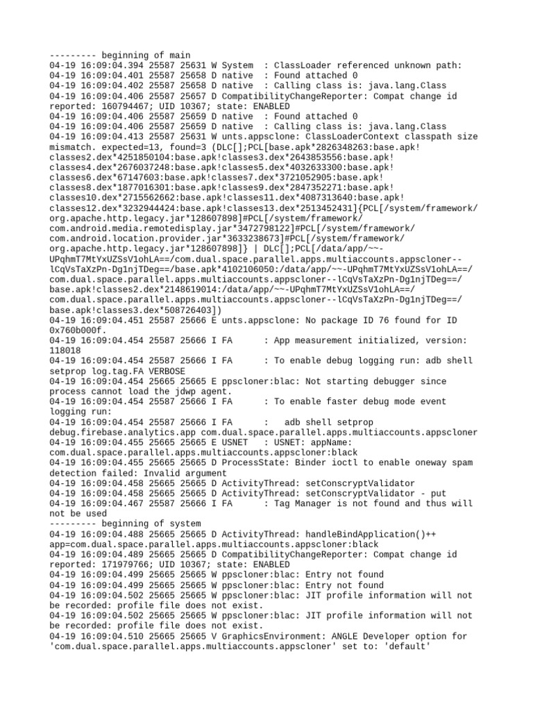 Com - Dual.space - Parallel.apps - Multiaccounts.appscloner Logcat | PDF | Software | Computing