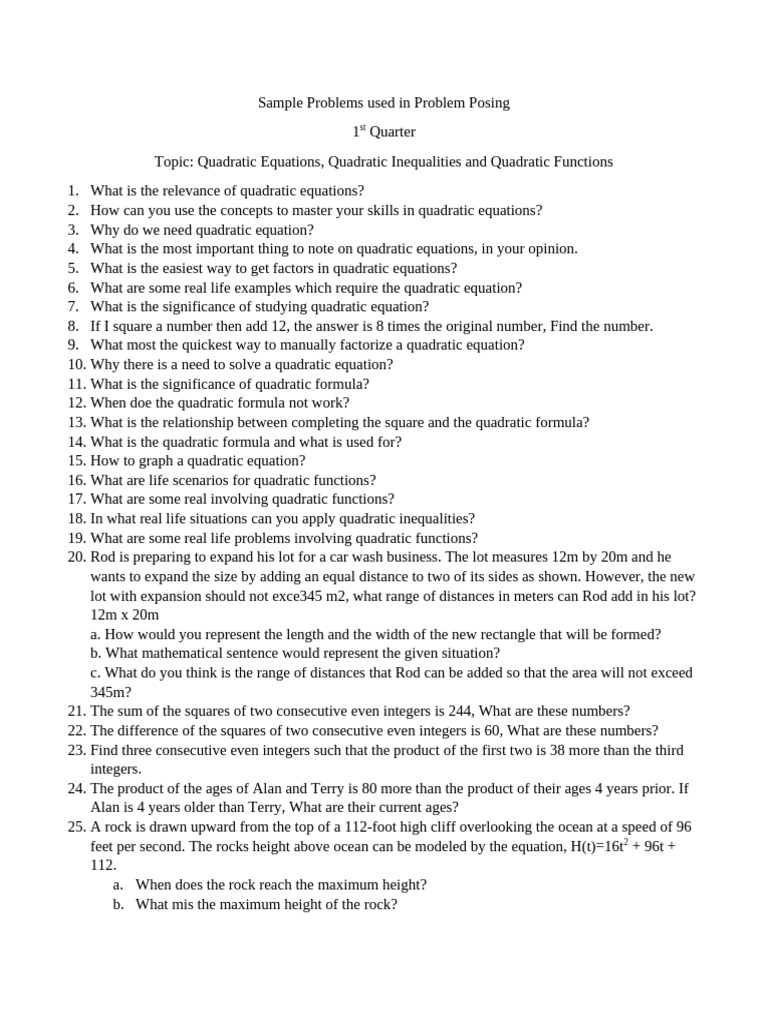 Sample Problems-Problem Posing | PDF | Quadratic Equation | Mathematics