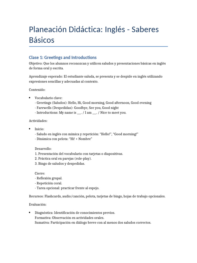 Planeación Didáctica: Inglés Básico | PDF | Aprendizaje