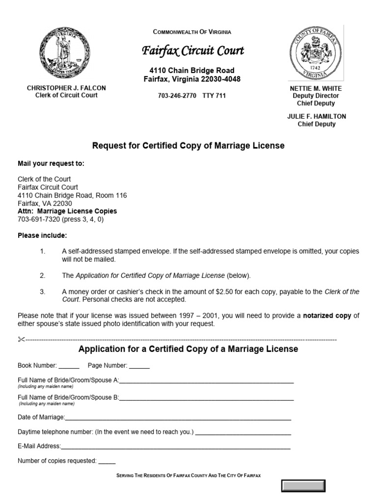 Fairfax County Marriage License Copy Request | PDF | Social ...