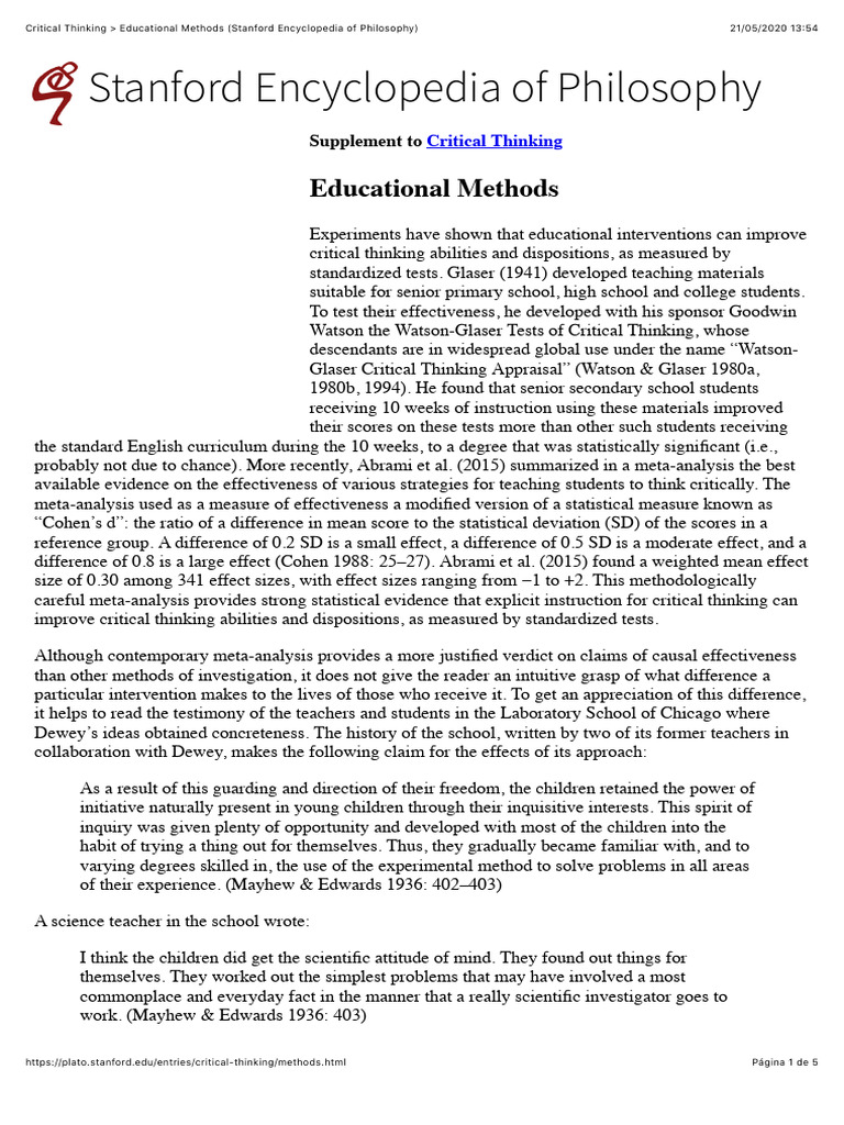 Educational Methods (Stanford Encyclopedia of Philosophy) | PDF | Critical Thinking | Thought
