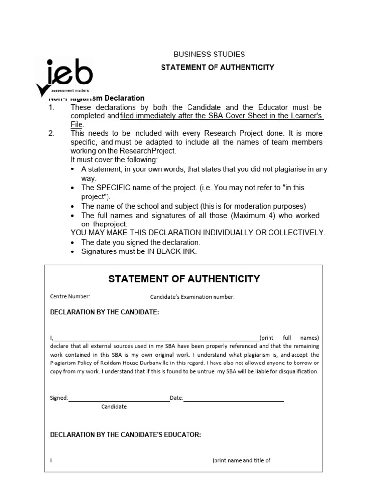 BUSINESS STUDIES Anti Plagiarism Declaration Form | PDF
