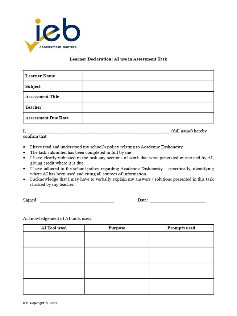 Learner Declaration AI Use Assessments | PDF