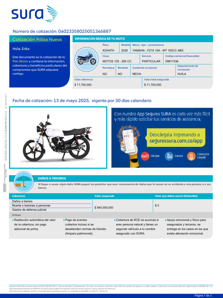 Coti Erika Andrea Caviedes Vidal Cedula 1075258482 Plan Motos | PDF | Póliza de seguros | Seguro