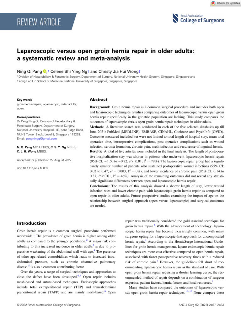 ANZ Journal of Surgery - 2022 - Pang - Laparoscopic Versus Open Groin Hernia Rep 2 | PDF ...
