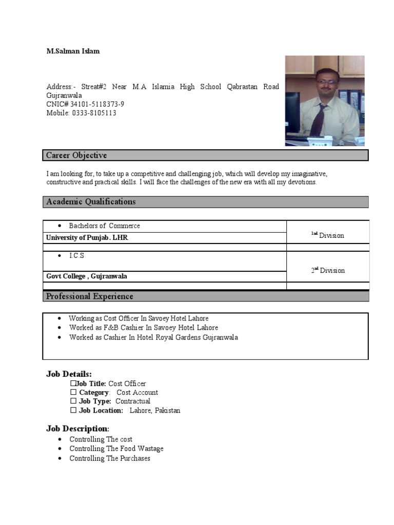 Cost Officer Resume - M. Salman Islam | PDF
