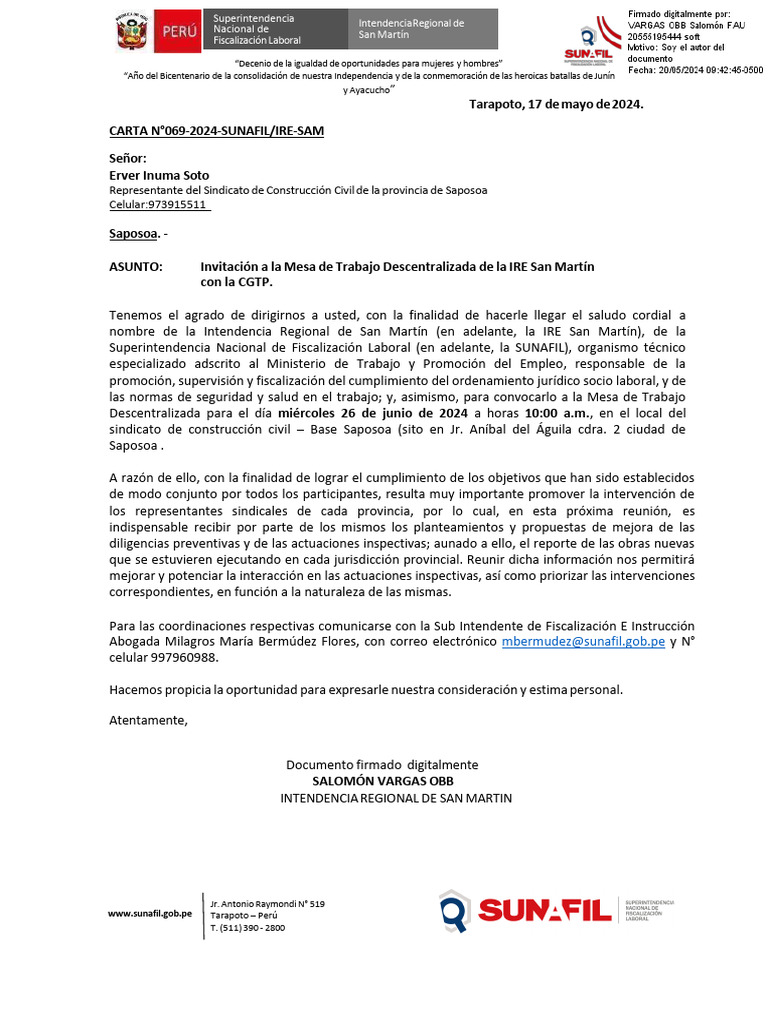CARTA N°0069-2024 -INVITACIÓN A MESA DE TRABAJO SR. ERVER INUMA SOTO ...