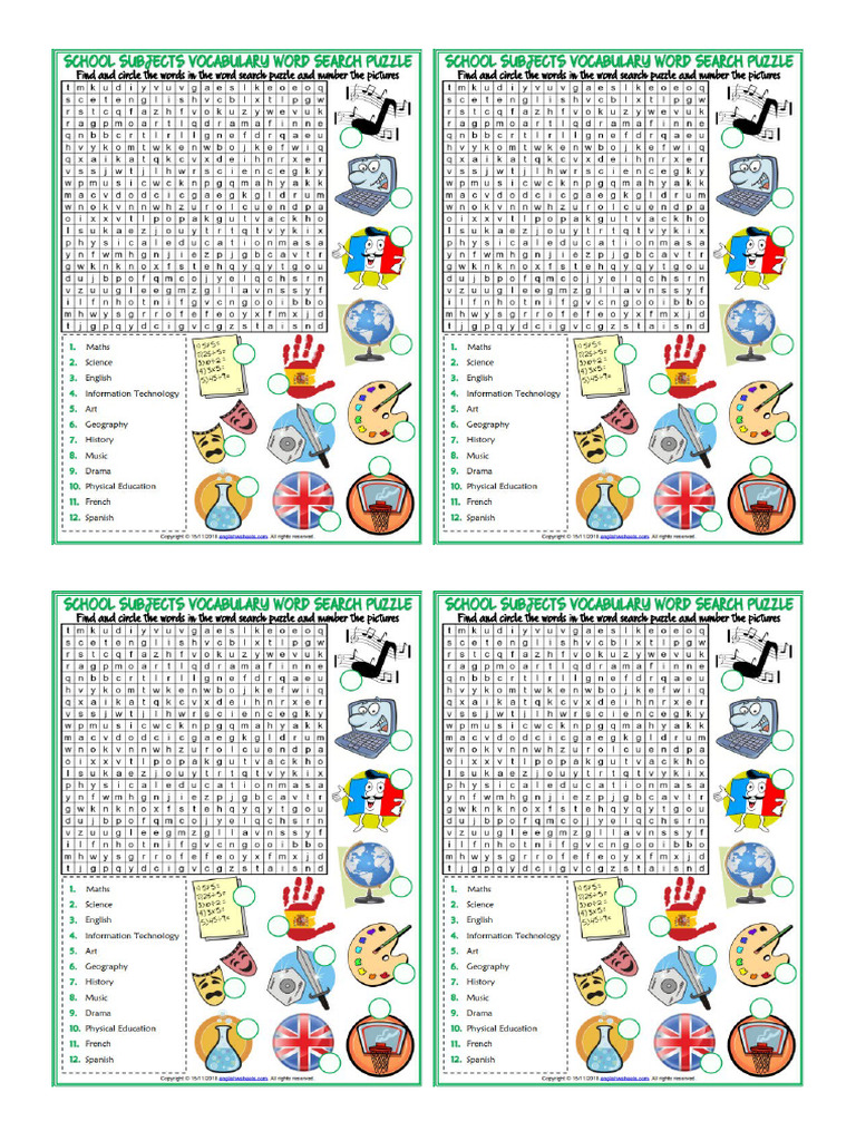 School Subjects Wordsearch | PDF