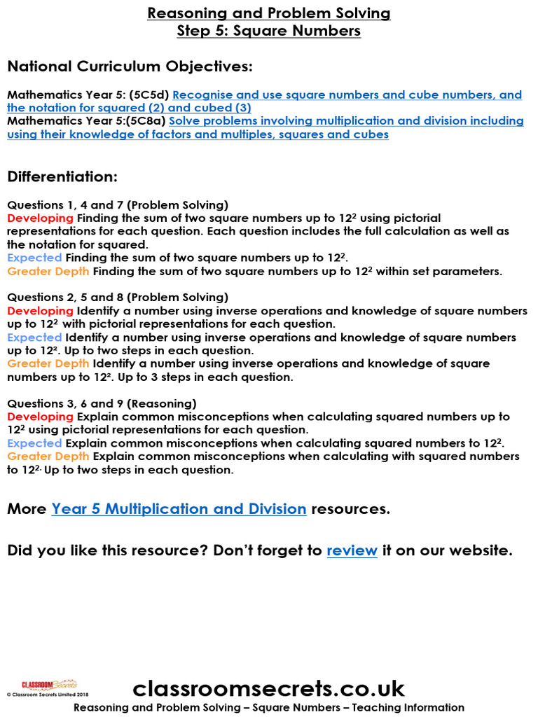 Year 5 Square Numbers Problem Solving | PDF | Elementary Mathematics ...