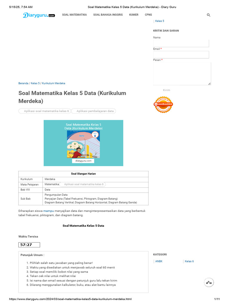 Soal Matematika Kelas 5 Data (Kurikulum Merdeka) - Diary Guru | PDF
