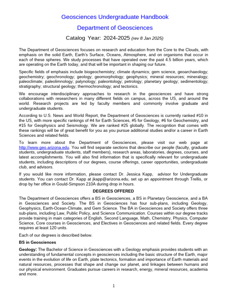 Geos Undergraduate Handbook 2025 2jk 1 | PDF | Earth Sciences | Geology