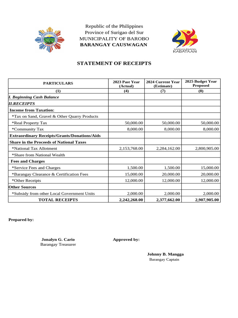 Barobo Causwagan Barangay Receipts Statement | PDF