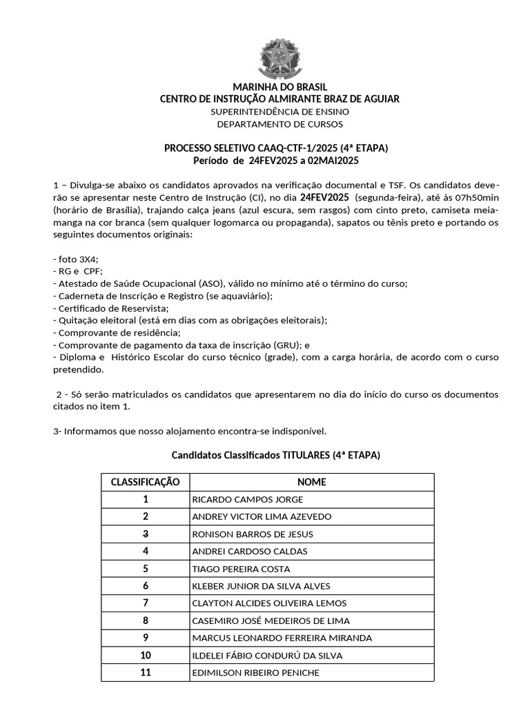 Candidatos Aprovados CAAQ-CTF-1/2025 | PDF | Brasil