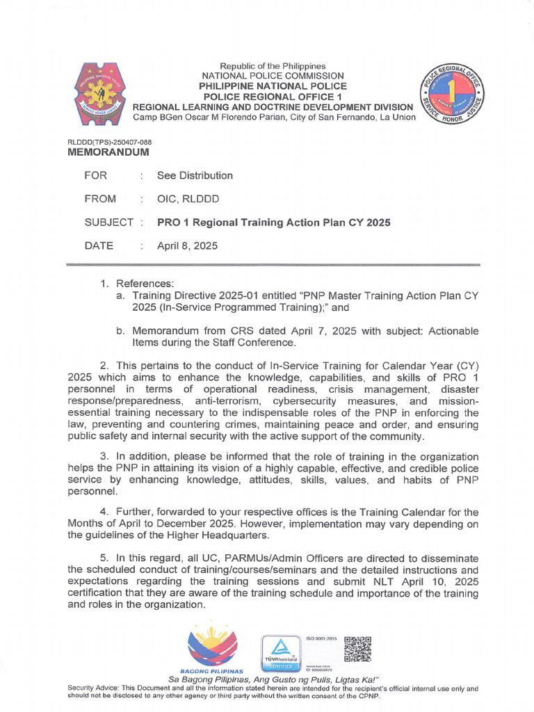 PRO 1 Regional Training Action Plan CY 2025 | PDF
