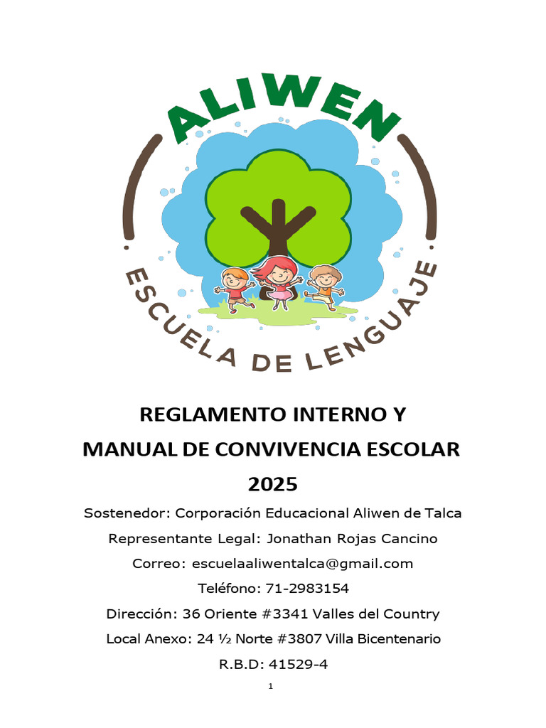 Reglamento Interno y Manual de Convivencia Escuela Lenguaje Aliwen 2025 | PDF | Educación de la ...