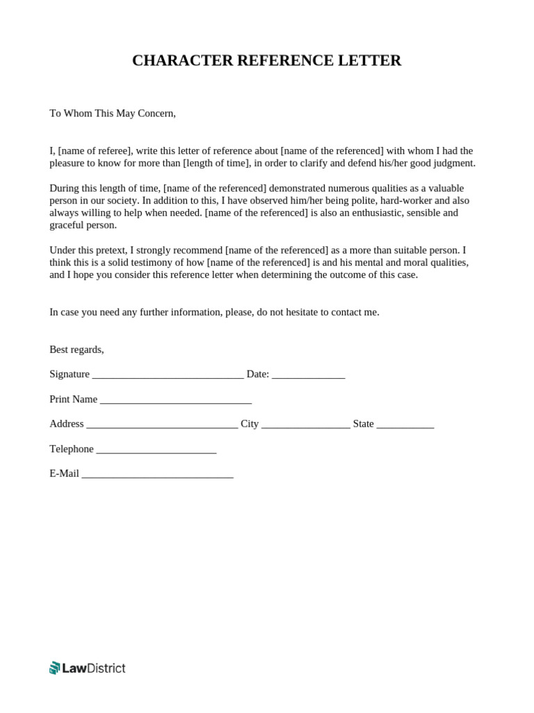 Character Reference Letter For Court Template | PDF