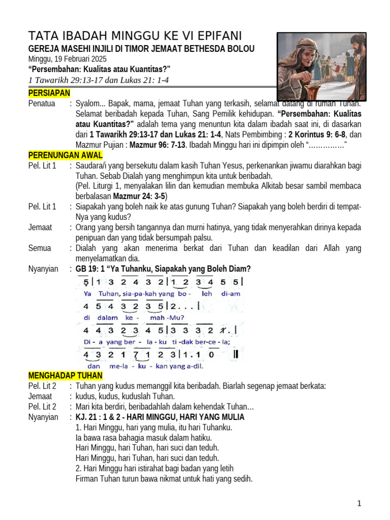 Tata Ibadah Minggu 16 2 25 - Persembahan Kualitas Atau Kuantitas | PDF