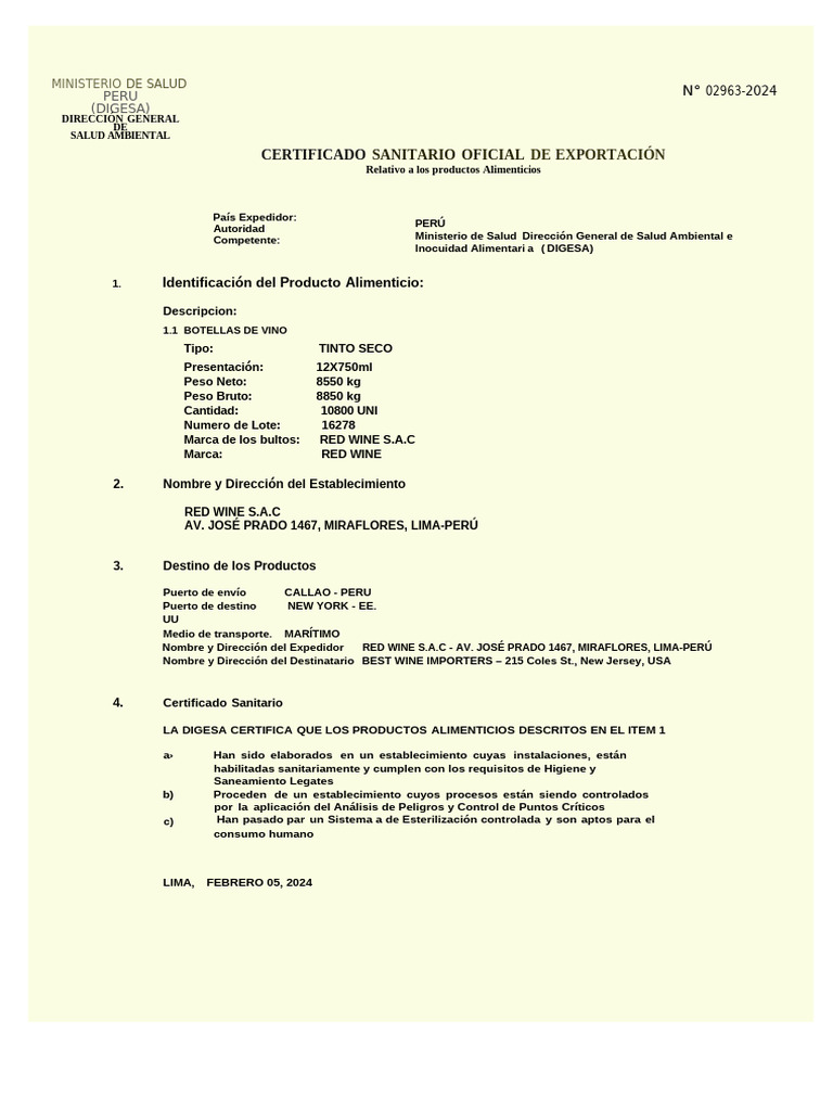 Certificado Sanitario Act | PDF