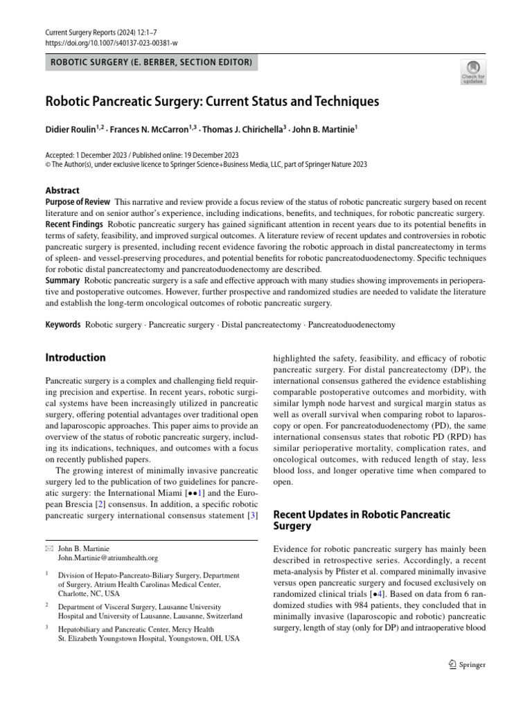 Robotic Pancreatic Surgery - Current Status and Techniques 2023 | PDF | Liver | Pancreas