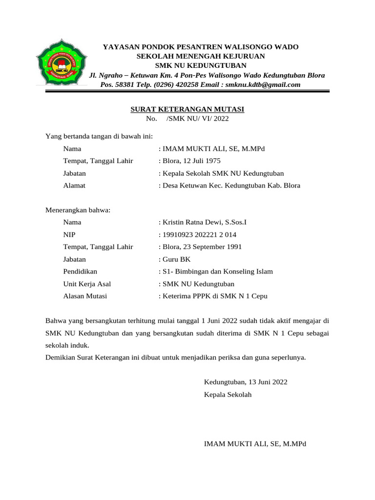 Surat Keterangan Mutasi | PDF