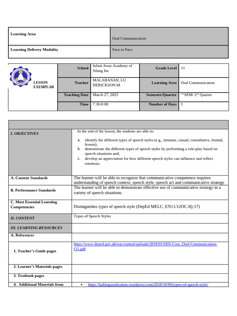 Malabanan, Lu Derickson M - Types of Speech Styles - Lesson Exemplar | PDF | Learning | Teachers