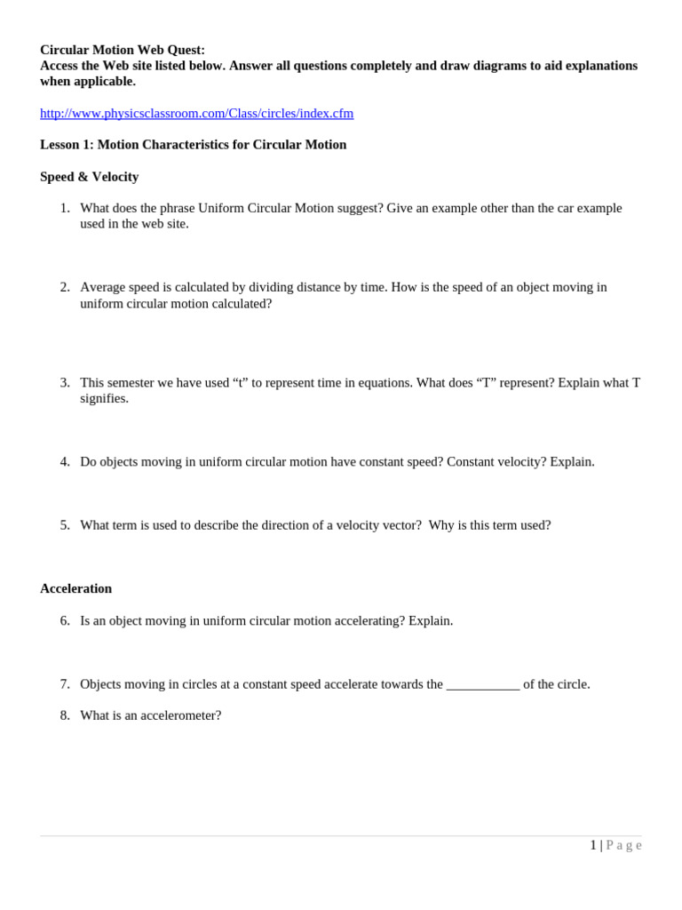 Circular Motion Webquest 1 | PDF | Acceleration | Force