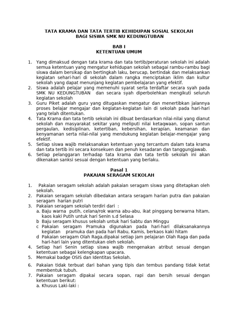 TATA KRAMA DAN TATA TERTIB KEHIDUPAN SOSIAL SEKOLAH | PDF