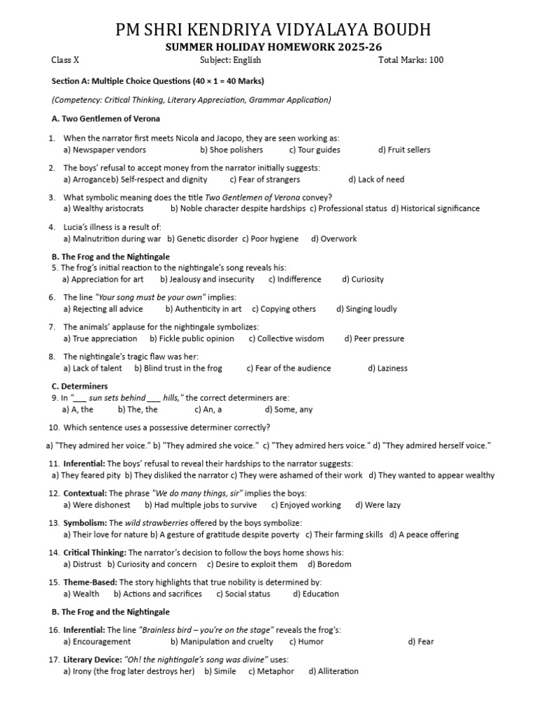 SUMMER HOLIDAY HOMEWORK CLASS X ENGLISH | PDF