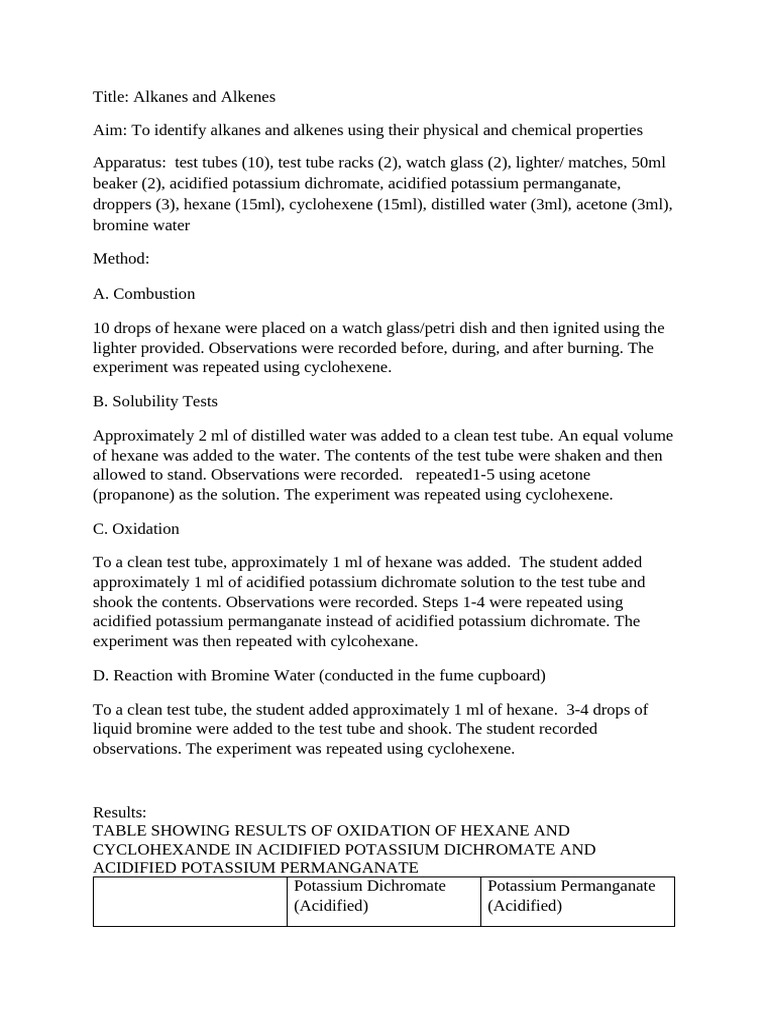 Chemistry Lab 1 Alkane 0 Alkenes | PDF | Alkene | Hydrocarbons