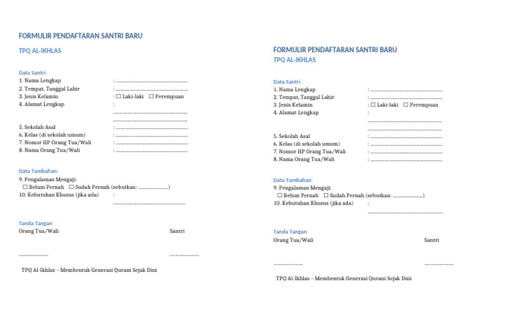 Formulir Pendaftaran TPQ Al-Ikhlas | PDF