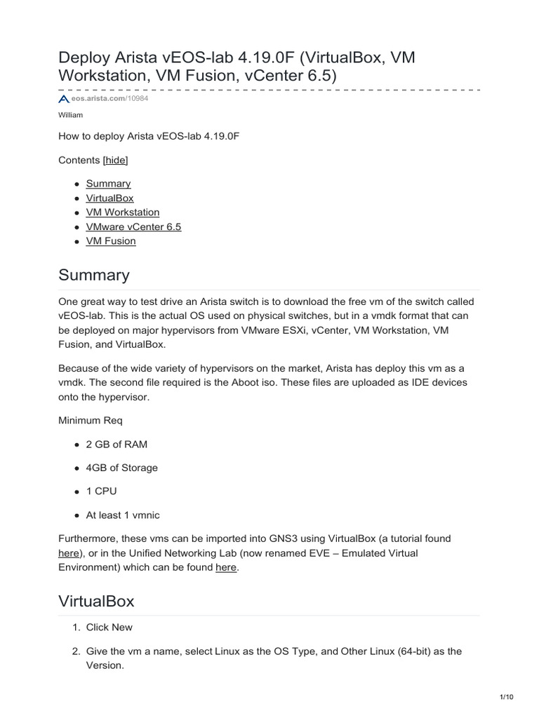 Deploy Arista vEOS-lab 4190F VirtualBox VM Workstation VM Fusion ...